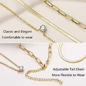 17 MILE Gold Layered Choker Necklace for Women, 14K Real Gold Plated CZ Pendant Necklace, Dainty Flat Snake Chain Layering Necklace