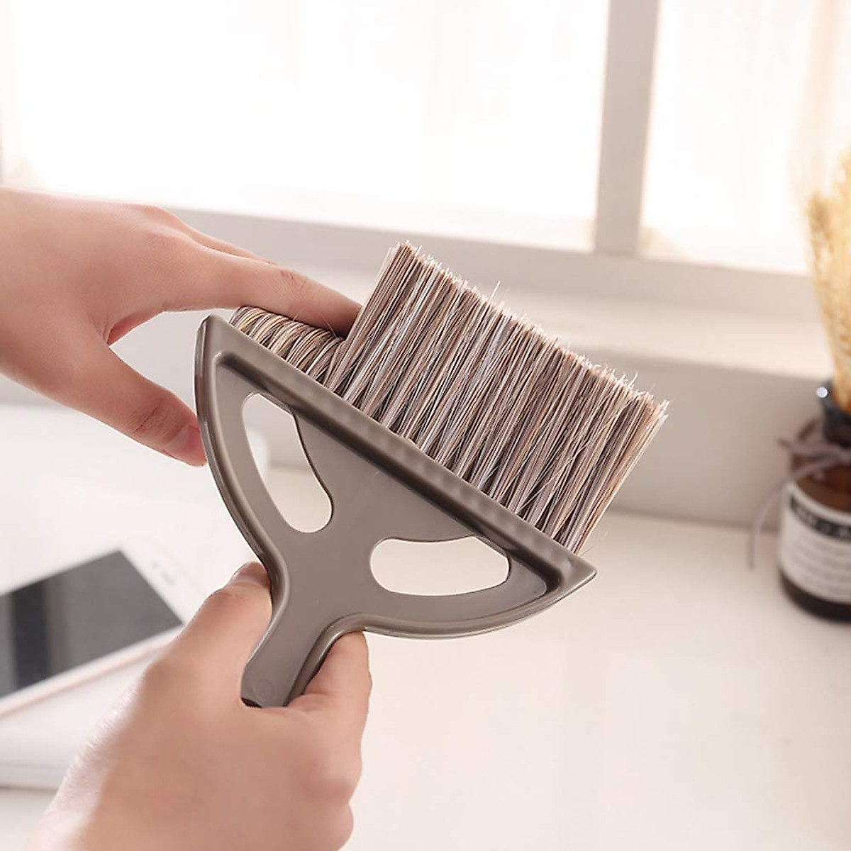 meioro Mini Broom Dustpan Set Cute Little Whisk Broom Hand Brush and Dust Pan, Small Cleaning Sweeper Broom for Desk Keyboard Car Camping Kids Cat Dog-Kitchen Towel Included (Brown)