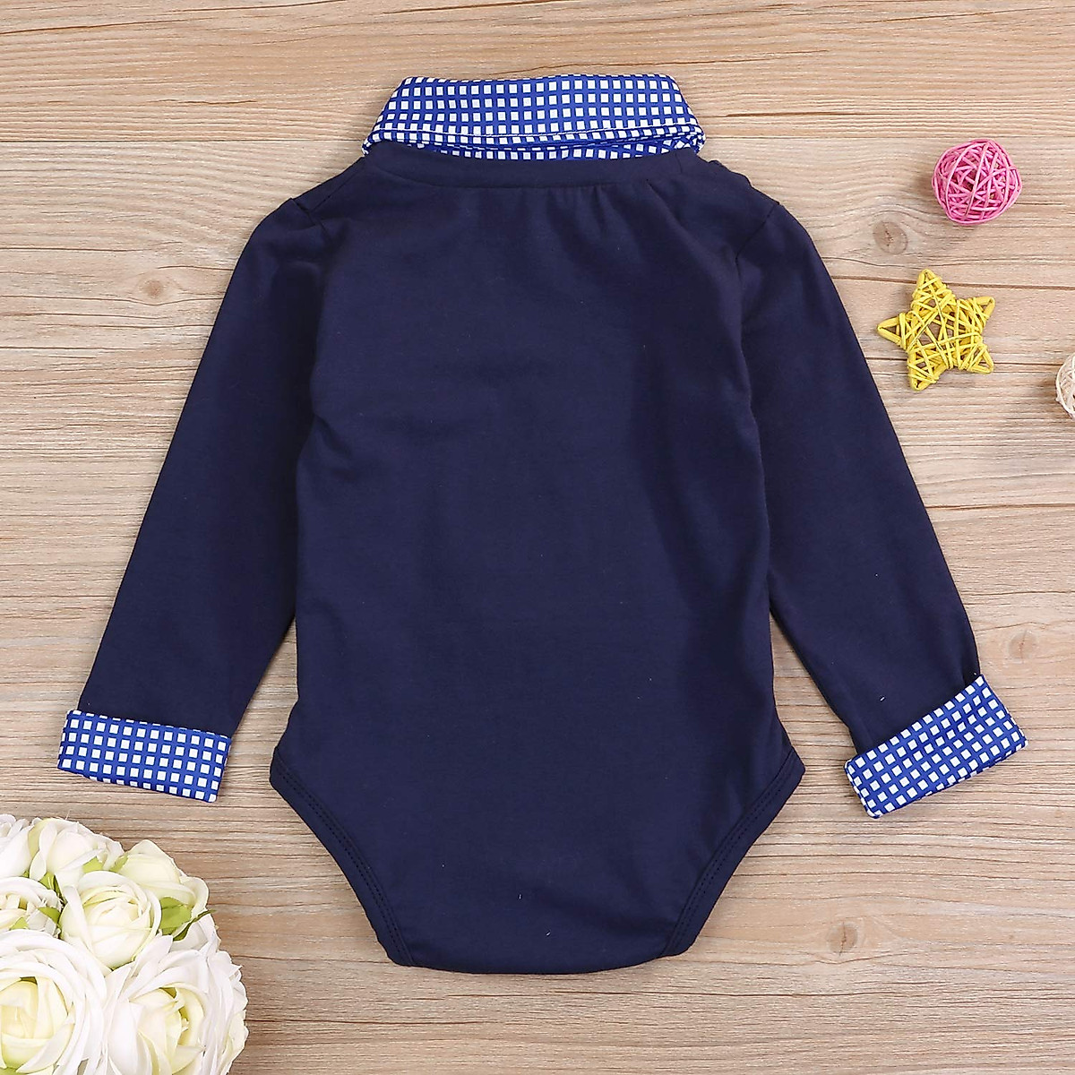 Baby Boy First Birthday Clothes Plaid Stand Collar Long Sleeve Romper Jumpsuit Cake Smash Outfit (Navy Blue, 15 Months)