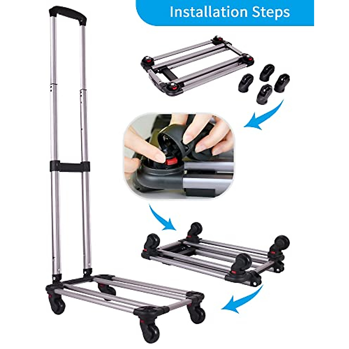 Folding Luggage Cart with 110 Lbs Capacity，Fanwoli 4 Wheels Hand Truck Compact Lightweight，Portable Dolly for Travel,Luggage,Moving, Shopping and Office Use