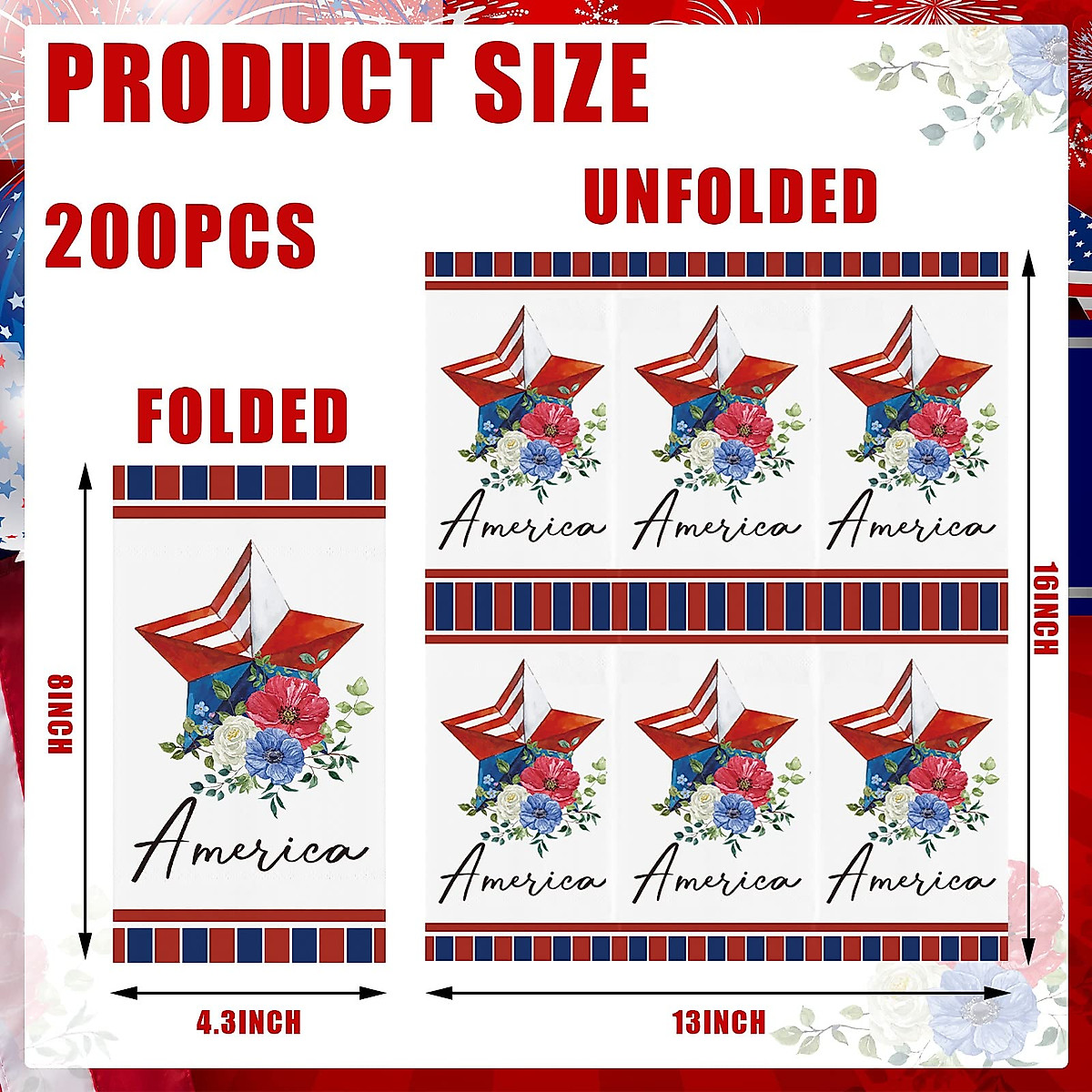 200 Pcs 4th of July Napkins Patriotic Guest Napkins Disposable Paper Napkins 2 Ply America Cocktail Napkins Hand Towel for Election Day Veterans Day Independence Day USA Party (Floral Star)