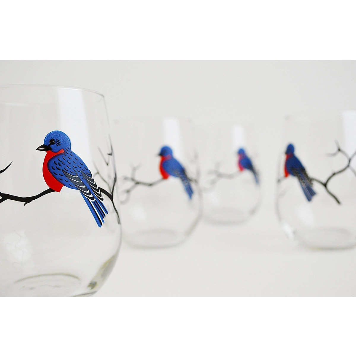 Bird Glassware Set of 4 Stemless Wine Glasses, Cardinal, Bluebird, Yellow Finch, Hummingbird Glass Collection