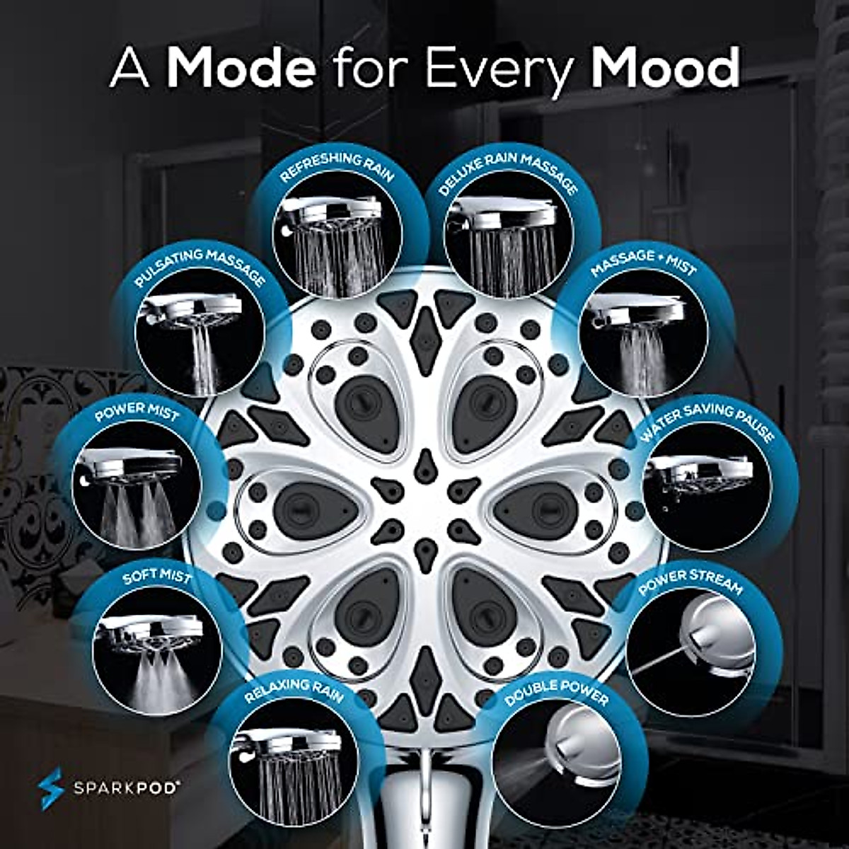 SparkPod 10-Mode Shower Head with Hose - Luxury 5" High Pressure Shower Heads - Handheld Shower Head with High Pressure Built-In Power Jet, Stainless Steel 6ft Hose and Bracket (Polished Chrome)