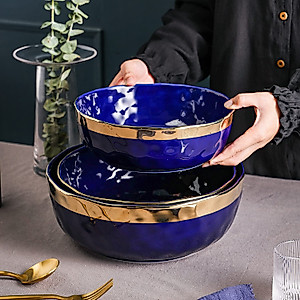 Stone Lain Florian Porcelain 3-Piece Round Bowl Service Set, Blue with Gold Rim