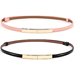 Glamorstar Women Skinny Patent Leather Slim Belt Adjustable Alloy Buckle Waist Belt for Dress (Black Pink, Fit Waist 21.6"-38.1")