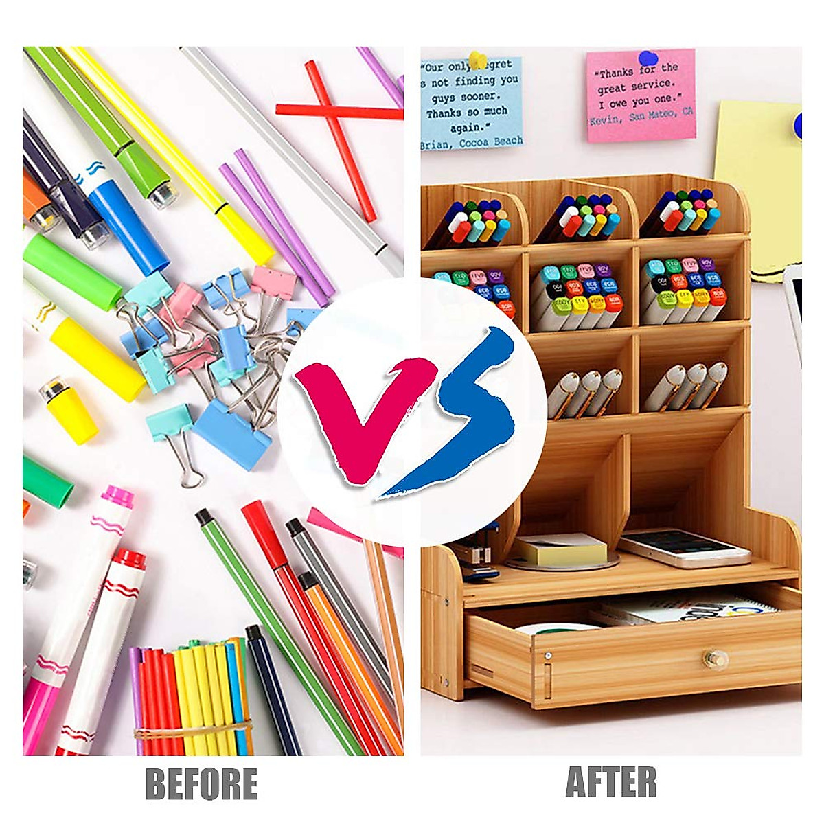 dsfen Wooden Desktop Organizer Multi-Functional Pen Holder Storage Box Desktop Stationary Storage Organizer with Drawer for Home Office School