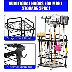 DIYTuning Garden Tool Organizer with Lockable Wheels and Storage Hooks,Garage Lawn and Outdoor,Steel Yard Tool Racks to Store Yard Long Rakes,Brooms,Mops and Buckets,Garden Tool Rolling Cart