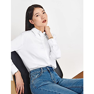 Tapata Women's Classic Button-Down Blouse Formal Work Dress Fitted Shirts Collared Long Sleeve Business Top, White, Large