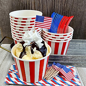 Outside the Box Papers Patriotic Ice Cream Sundae Kit - July Red and White Stripe Paper Treat Cups - Plastic Spoons - American Flag Picks - Paper Straws - 16 Each