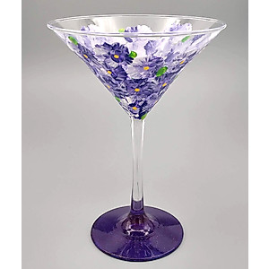 Purple Flowers Hand Painted Martini Glass - Sparkly Purple, Pretty Flower Cocktail Glass