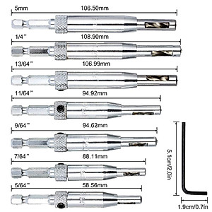 AFUNTA 8 pcs Center Drill Bit Set,Self Centering Hinge Tapper Core Hole Puncher Woodworking Tools for Cabinet Door 5/64'' 7/64'' 9/64'' 11/64'' 13/64'' 5mm 1/4'' with 1 pcs Hex key