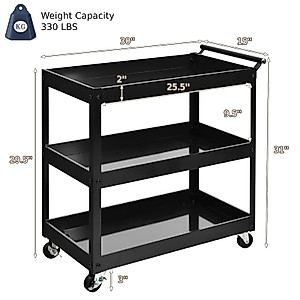 Happytools 3-Tier Rolling Cart, 330 lbs Capacity Utility Cart with 4 Swivel Wheels, Heavy Duty Metal Service Push Cart Mechanic Organizer for Home Kitchen Garage Warehouse (Black)