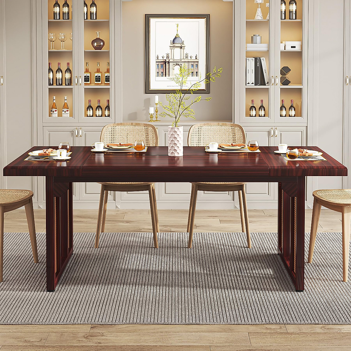 Tribesigns 70.87 Inch Dining Table for 6-8, Rectangular Kitchen Table, Rustic Dining Room Table with Rattan Frame, Large Dinner Table for Dining Room, Kitchen, Deep Walnut