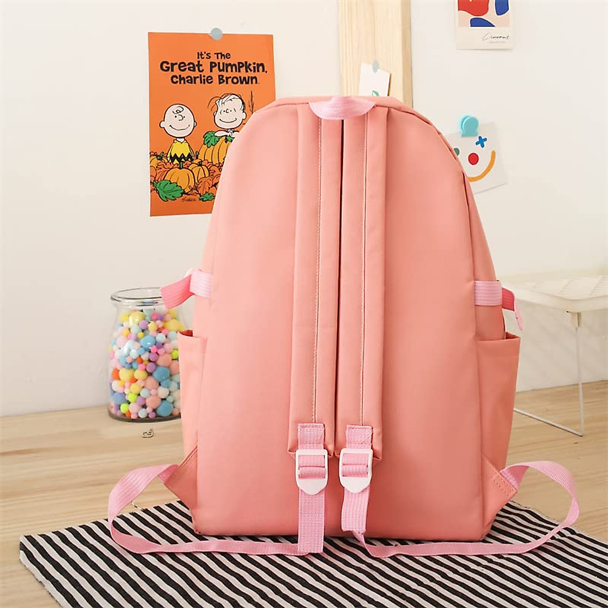 4Pcs Kawaii Canvas School Backpack with Pendant, Aesthetic Laptop Shoulders Ita Bag, School Supplies Stationary for Back to School (Purple)