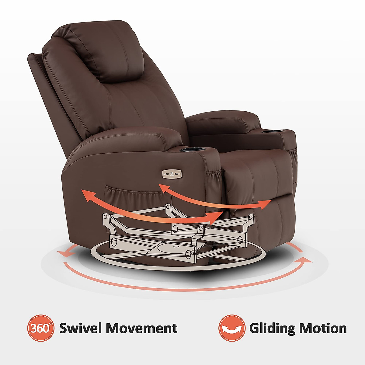 MCombo Manual Swivel Glider Rocker Recliner Chair with Massage and Heat for Adult, Cup Holders, USB Ports, 2 Side Pockets, Faux Leather 8031 (Light Brown)