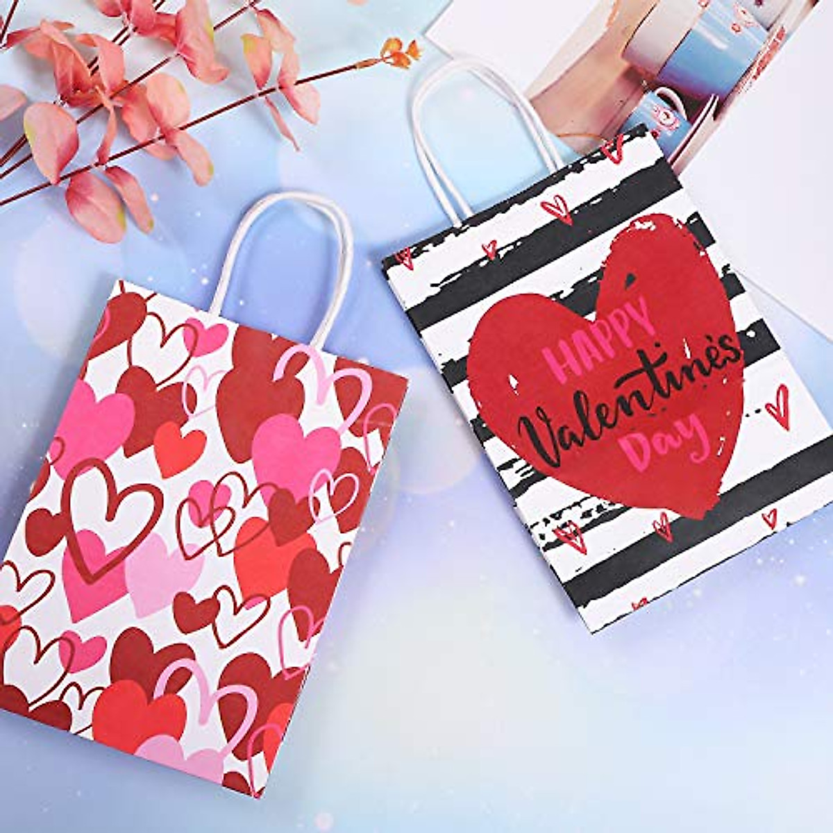 Cooraby 20 Pieces Valentines Day Paper Bags Valentine's Day Party Kraft Bags Paper Red and Pink Color Hearts Bags with Handle for Party Favors