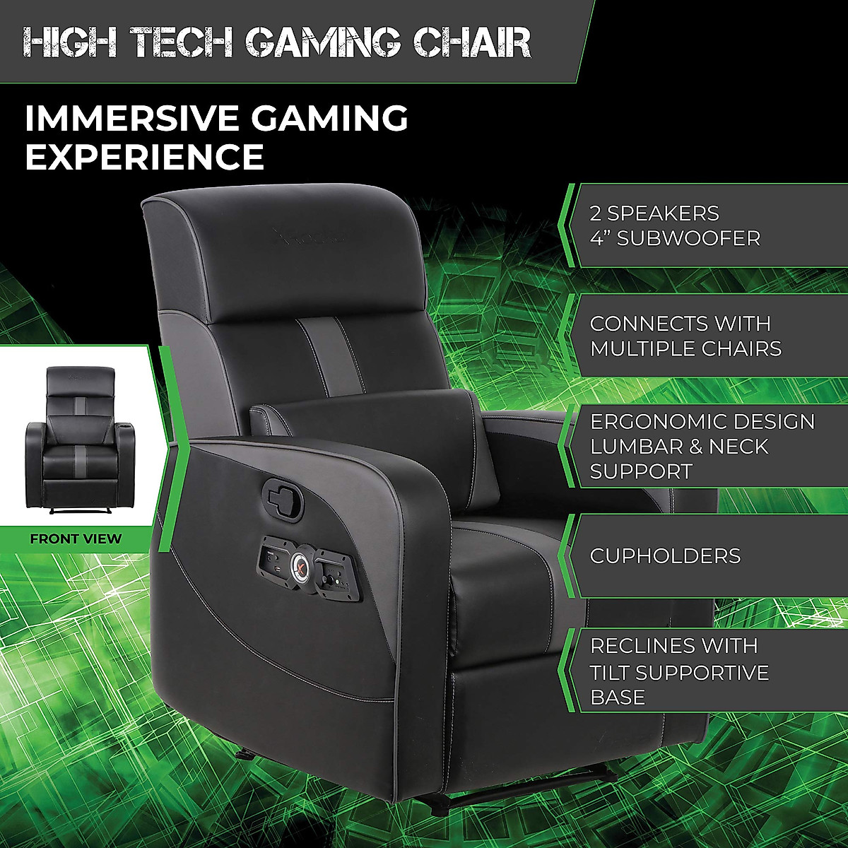 X Rocker Gamma Recliner Gaming Chair, 2.1 Bluetooth Audio System, Headrest Mounted Speakers, Built-in Footrest and Cupholder, 718001, 34.84" x 39.37" x 30.31", Black