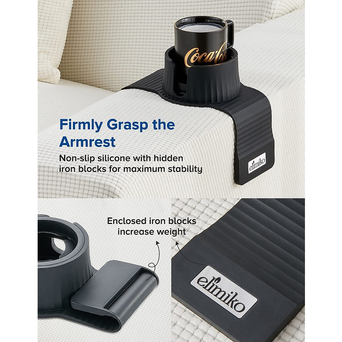 Couch Cup Holder, Elimiko Silicone Sofa Drink Holder with Upgrade Large Cup Holder, for Oversized Mug/Cup/Tumbler/Drink/Coffee/Bottle/Cans (Mocha Brown)