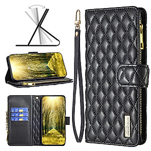 SUPWALL Wallet Case Compatible for iPhone 14 Pro Max | Flip Leather Case with Removable Wristlet Strap and 9 Card Holder | Magnetic Closure Case with Zipper for Men Women | Black