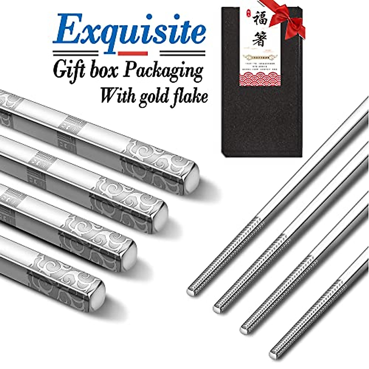 Metal Chopsticks 6 Pairs Stainless Steel Reusable Chopsticks Cute luck Laser Engraved Non-slip Korean Japanese Chinese Chopsticks,18/10 Stainless steel Dishwasher Safe 9 1/4 Inches 6 Pairs(lucky 6)