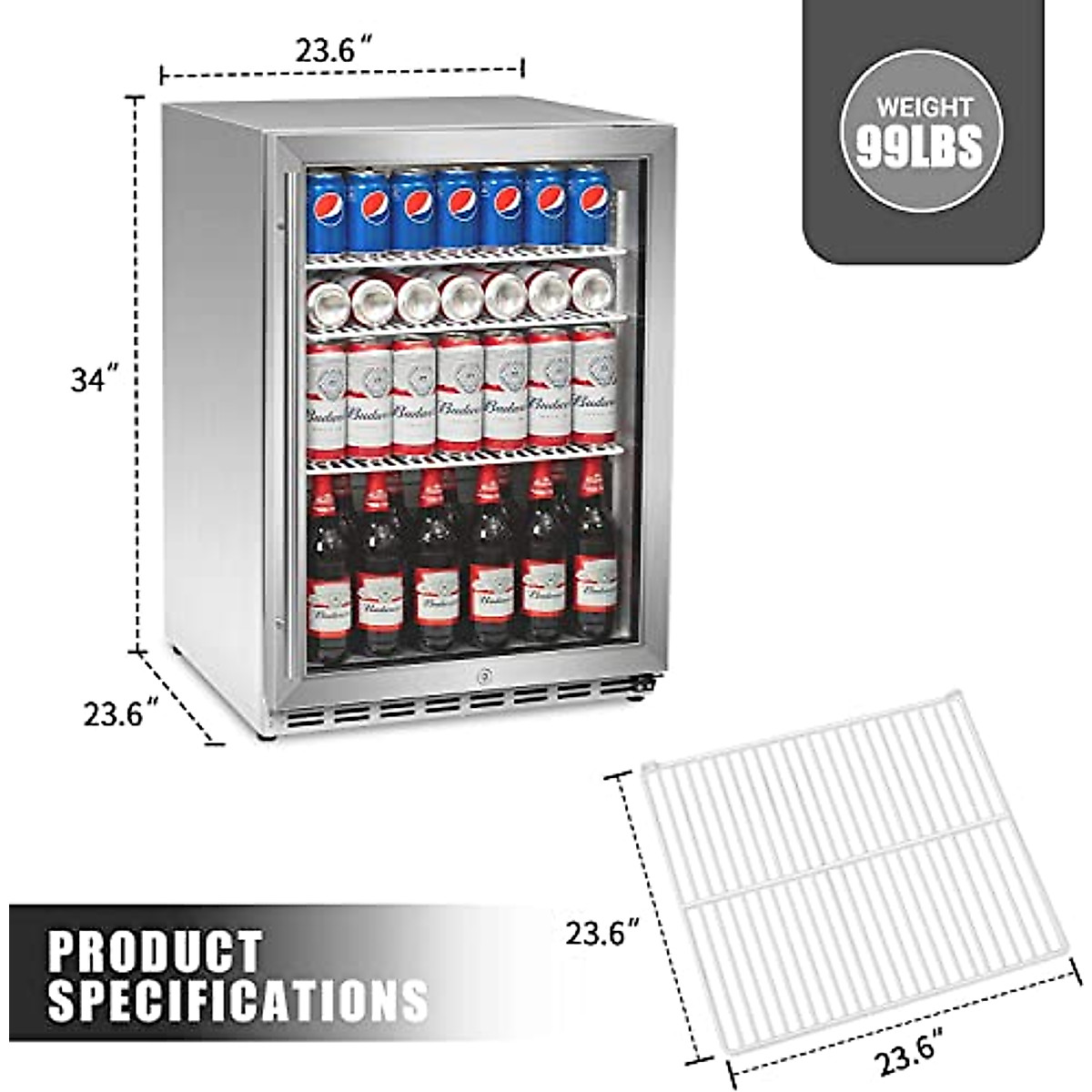 ICEJUNGLE Beverage Refrigerator, 24 inch Beverage Refrigerator Cooler, Built-in or Free Standing 160 Cans Under Counter Beverage Beer Fridge for Outdoor, Kitchen and Home use