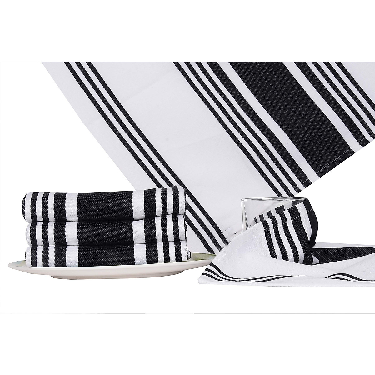 Urban Villa Kitchen Towels 100% Cotton Pack of 6, Highly Absorbent Quick Drying Super Soft Premium Dish Towels for Kitchen with Hanging Loop Hand & Tea Towels - 20x30 Inch, (Black & White, Striped)