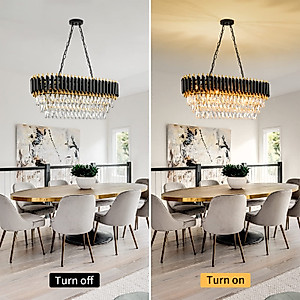 AKDXIRUN Modern Crystal Chandeliers for Dining Room 8-Light Black and Gold Chandelier Living Room Oval Contemporary Ceiling Hanging Light Pendant Light Fixture for Kitchen Island Bar L32 inch