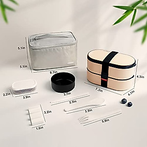 homeasy Bento Box for Adults Students, BPA Free Plastic Bento Lunch Boxes Rectangle Food Grade Lunch Containers with Cutlery Set and 2 Sauce Pot, 2-Tier Leak-Proof, 1200 ML (Beige with Bag)