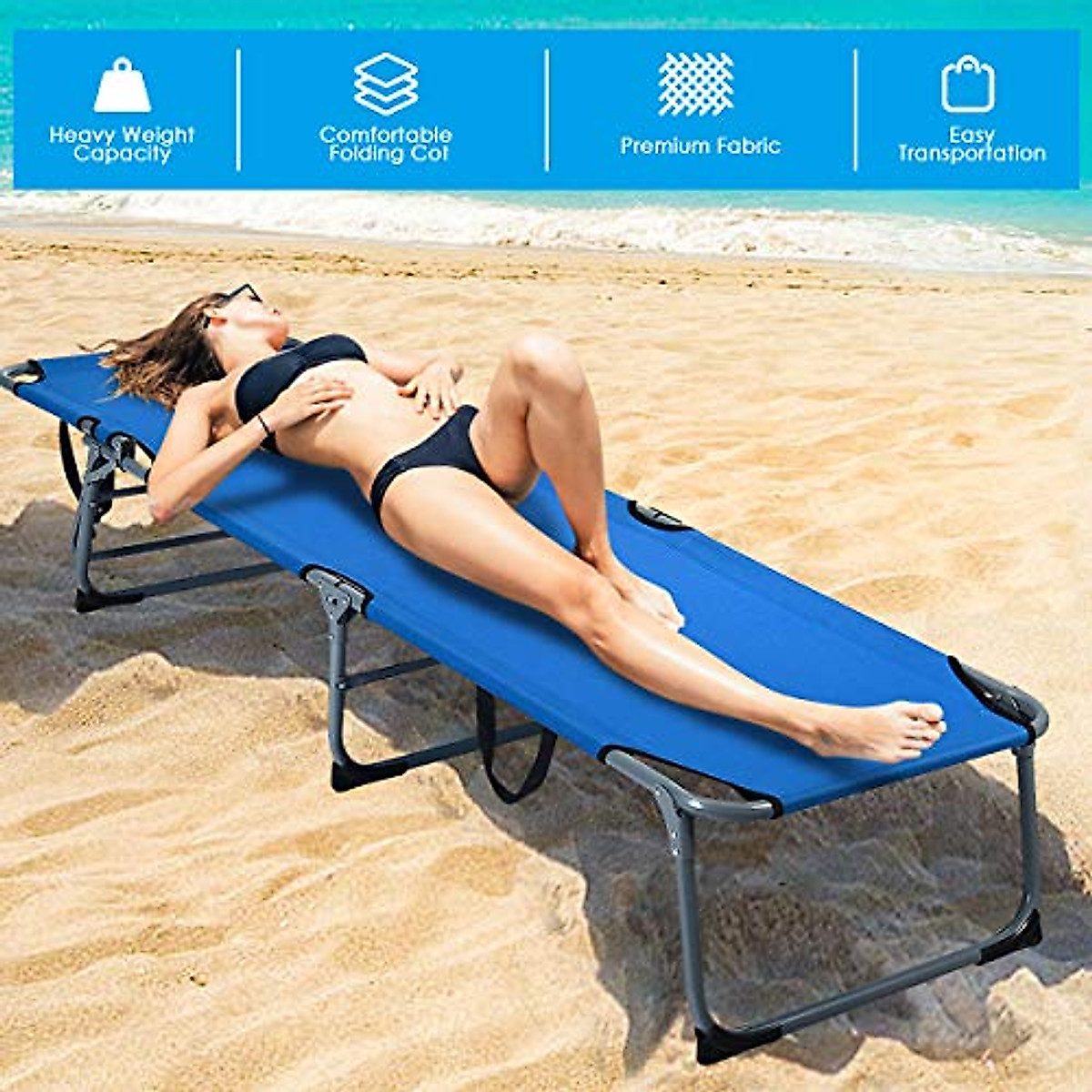 Moccha Folding Lounge Chair, Adjustable Beach Bed, Foldable Recliner with Pillow, Sunbathing Headrest and Tray, for Outdoor, Camping, Backyard, Patio, Pool (Blue)