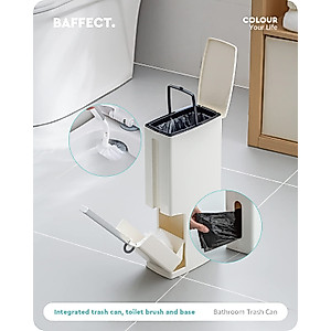 Baffect 2 Liter White Slim Bathroom Trash Can with Lid and Toilet Brush Holder