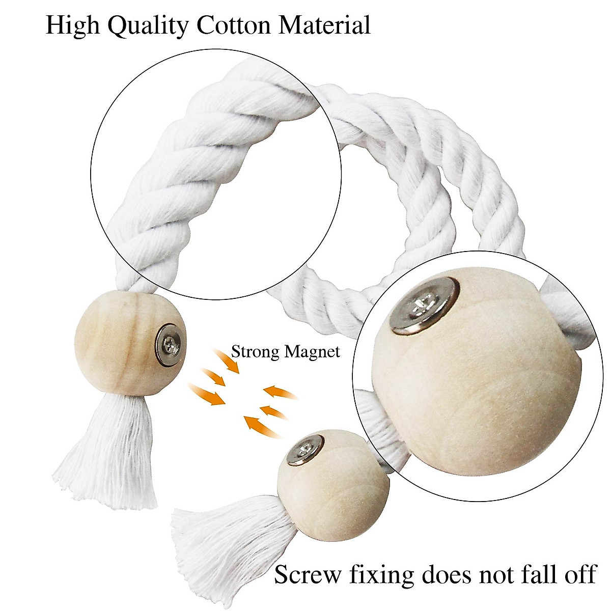 Porlau 2 Pack White Magnetic Curtain Tiebacks Cotton Hand Woven Tieback Holdback Decorative Tie Backs for Drapes with Wooden Buckle No Tools Required