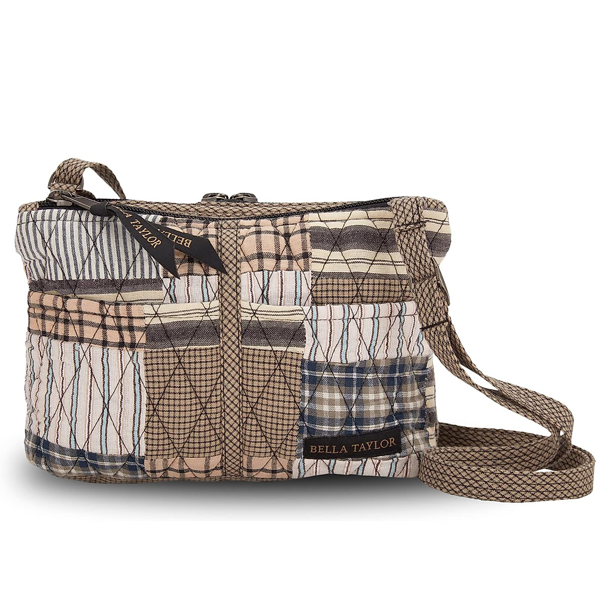 Bella Taylor Essentials Crossbody Purse with Built In Wallet, Quilted Cotton Ashmont Tan, Grey and Cream Patchwork