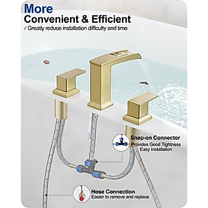 HOIGY Roman Bathtub Faucet Deck Mount 3 Hole, Brass Waterfall Faucet for Bathtub 6-16 Inch, Brushed Gold Tub Faucet Set 2 Handle, High Flow Widespread Bathtub Faucets with Water Hoses for Hotel