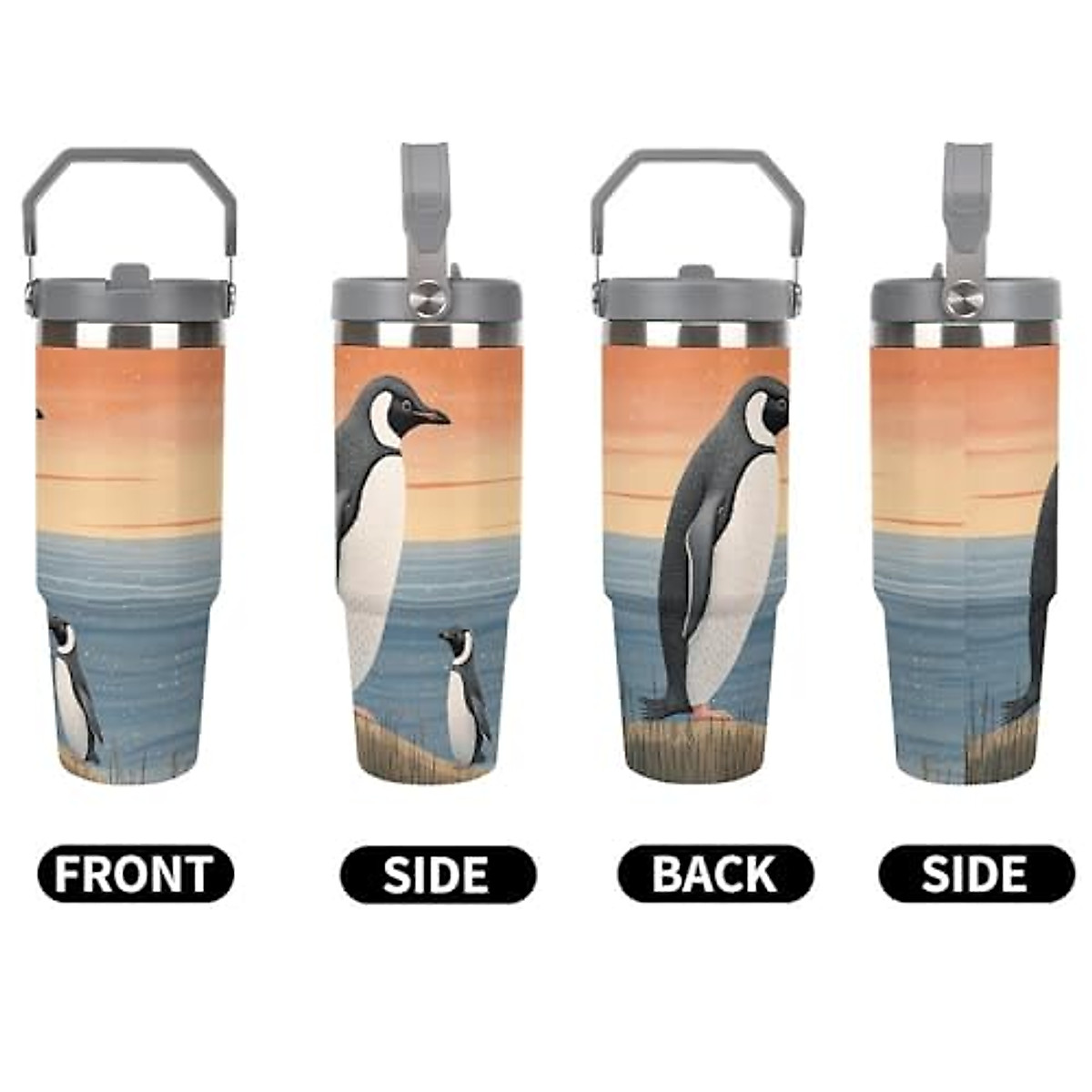 30oz Stainless Steel Insulated Tumbler with Flip Lid & Straw, Leakproof Travel Mug for Car, Hand Drawn Penguin Double Wall Vacuum Thermal Coffee Cup with Handle, Spill-Proof Design for Hot/Cold Drinks