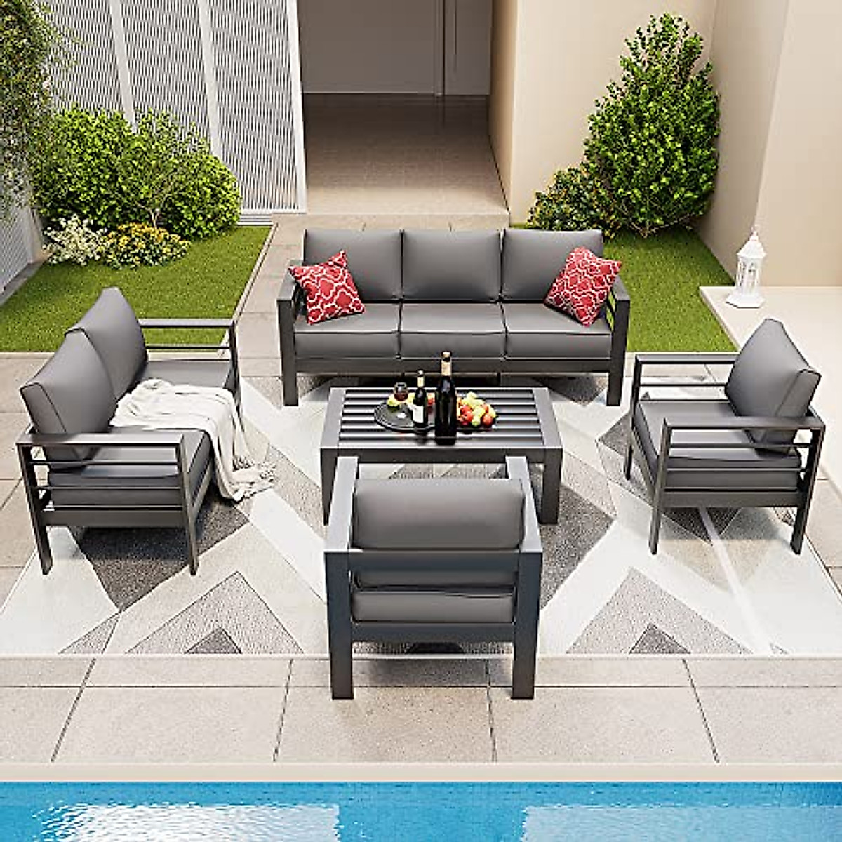 Amopatio Aluminum Patio Furniture Set, 8 Pieces Modern Patio Conversation Sets, Outdoor Sectional Metal Sofa with Cushion and Coffee Table for Balcony, Garden, Dark Grey (Included Waterproof Covers)