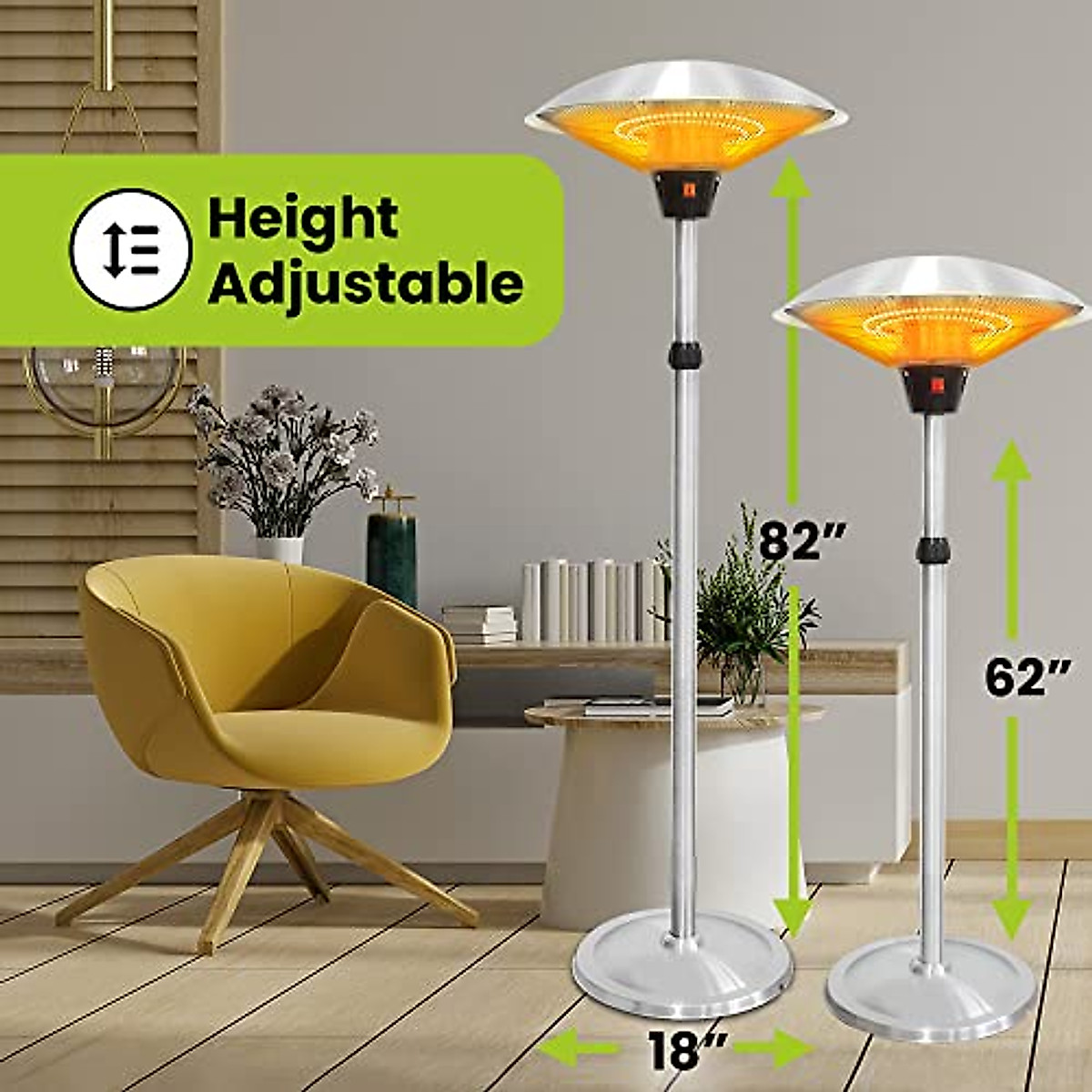 Gorilla Gadgets Electric Patio Heater 1500W for Outdoor Heating with Adjustable Height, Quiet Operation, Free Standing and Waterproof Space Warmer (EPH-SIL)