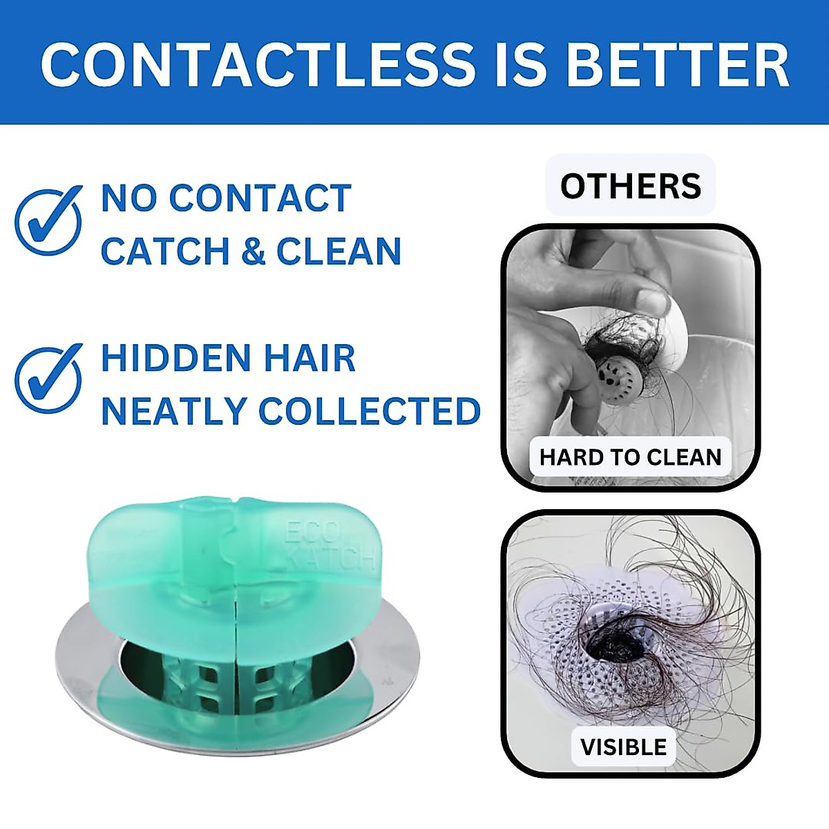 EcoKatch - Ultimate Contactless and Hygienic Bathtub Drain Hair Catcher | Drain Protector | Strainer | Universal Fit for Standard Bathtub with 1.5" to 1.75" Drain (Ice Blue)