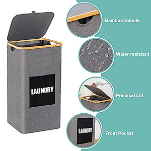 Uross Laundry Hamper with Lid- 100L Large Laundry Basket with Bamboo Handles, Clothes Hamper with Lid for Bedroom, Tall Laundry Hamper Basket with Lid, Big Dirty Clothes Hamper for Laundry, Grey
