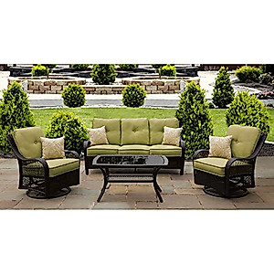 Hanover Orleans 4-Piece Steel Outdoor Patio Set Outdoor Patio Deep Seating Set with Brown Wicker, Sofa, Avocado Green Cushions, 4 Pillows and Glass Top Rectangular Coffee Table