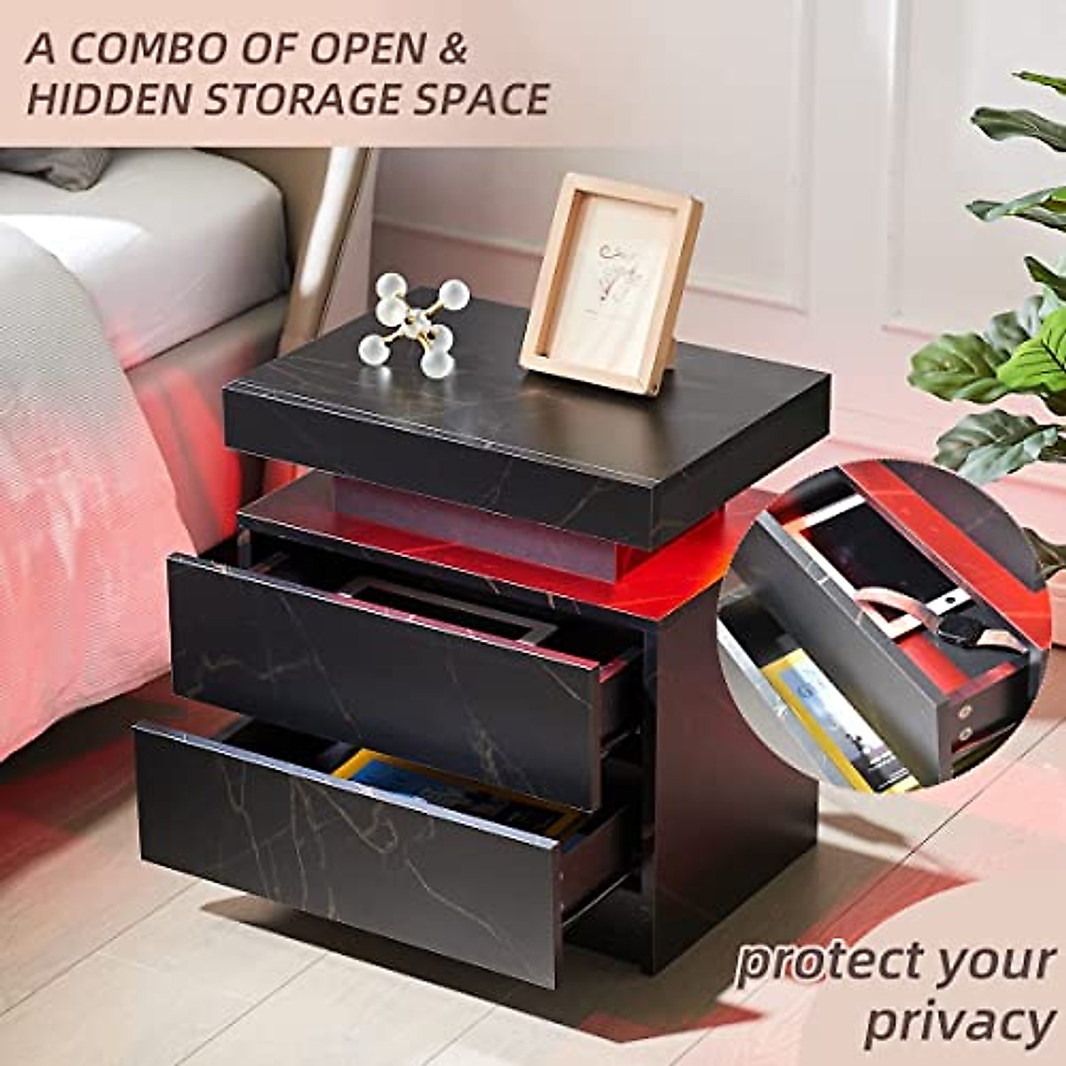 Melon Studio LED Nightstand with Drawers - Stylish Smart Bedside Table with 2 Drawers for Bedroom, Home - Mesa De Noche para Dormitorio - Wooden Nightstand Light RGB with Remote Control - Black