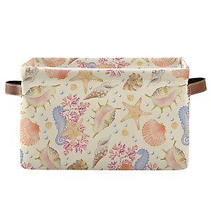 Kigai Collapsible Storage Basket with Handles, Vintage Seahorse Canvas Fabric Storage Bins Toys Clothes Organizer for Bedroom, Nursery, Shelves, Closets (1PACK)