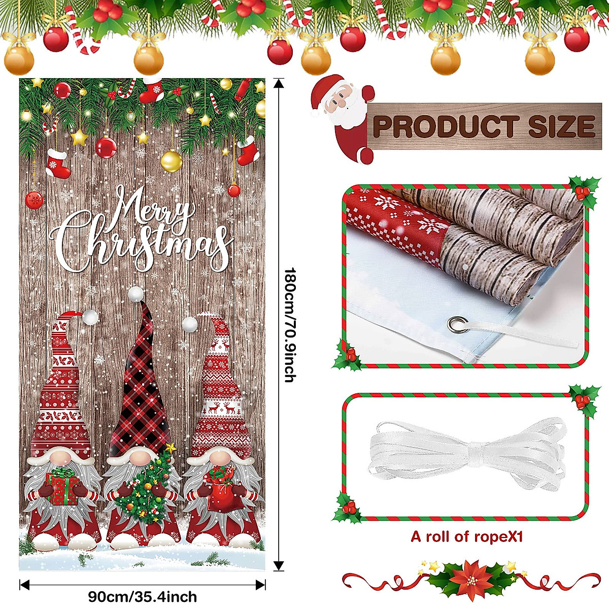 Christmas Door Cover Decorations Merry Christmas Front Door Cover Christmas Door Banner Fabric Glitter Wood Props Xmas Snowflake Hanging Door Wrap for Photo Booth Props Party (Gnome Style)