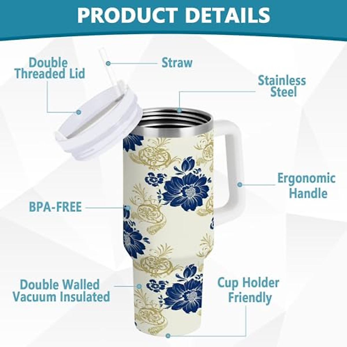 RPLIFE Blue and White Floral Tumbler Cup, Stainless Water Bottle, Water Tumbler with Straw