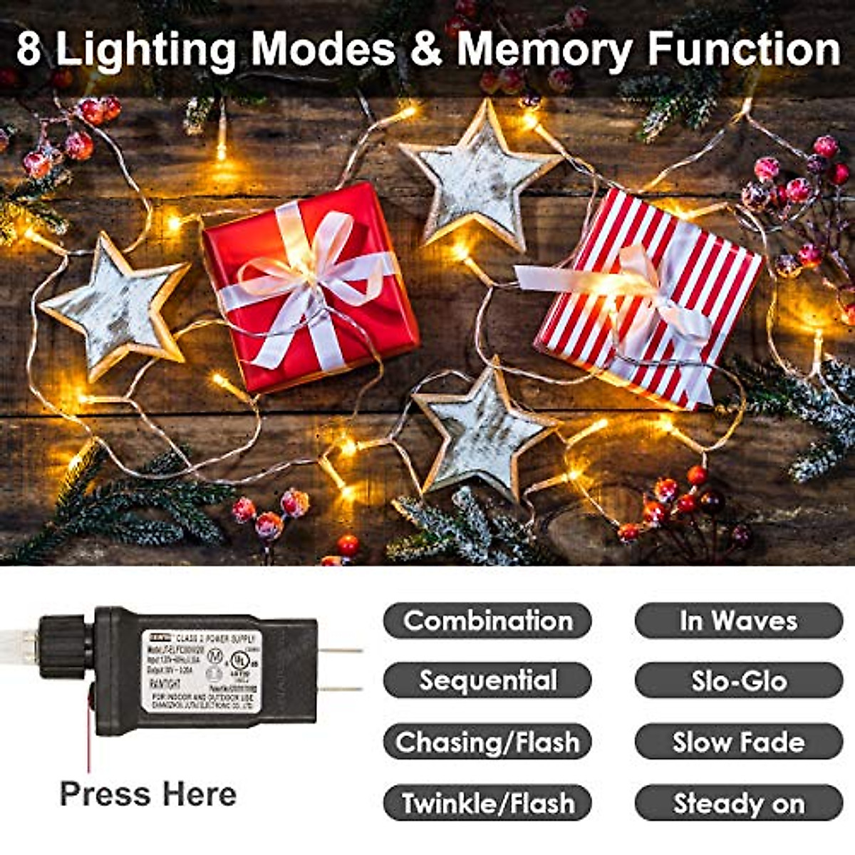 XUNXMAS 33ft 100 LED String Lights Indoor Outdoor, Super Bright Warm White Christmas Lights with 8 Lighting Modes, Extendable Waterproof Fairy Lights for Bedroom Patio Party Christmas Tree Decor