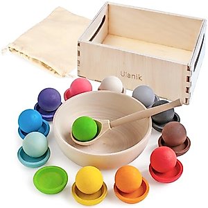 Ulanik Balls on Plates Toddler Montessori Toys for 1+ Year Old Kids Wooden Matching Game for Learning Color Sorting and Counting — 12 Balls, 1.18 in