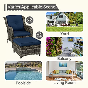 Gardenbee 4 Pieces Patio Conversation Set, Wicker Chairs Set of 2 and Two Ottomans with 3.5-inch Seat Cushions, High Back and Curved Armrest for Backyard, Balcony and Deck, Blue