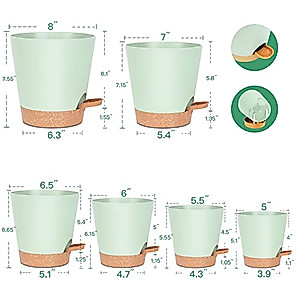Warmplus Plastic Planters for Indoor Outdoor Plants and Flowers, 8/7/6.5/6/5.5/5 Inch Plant Pots with Drainage Holes,Watering Wick / Lip, Green