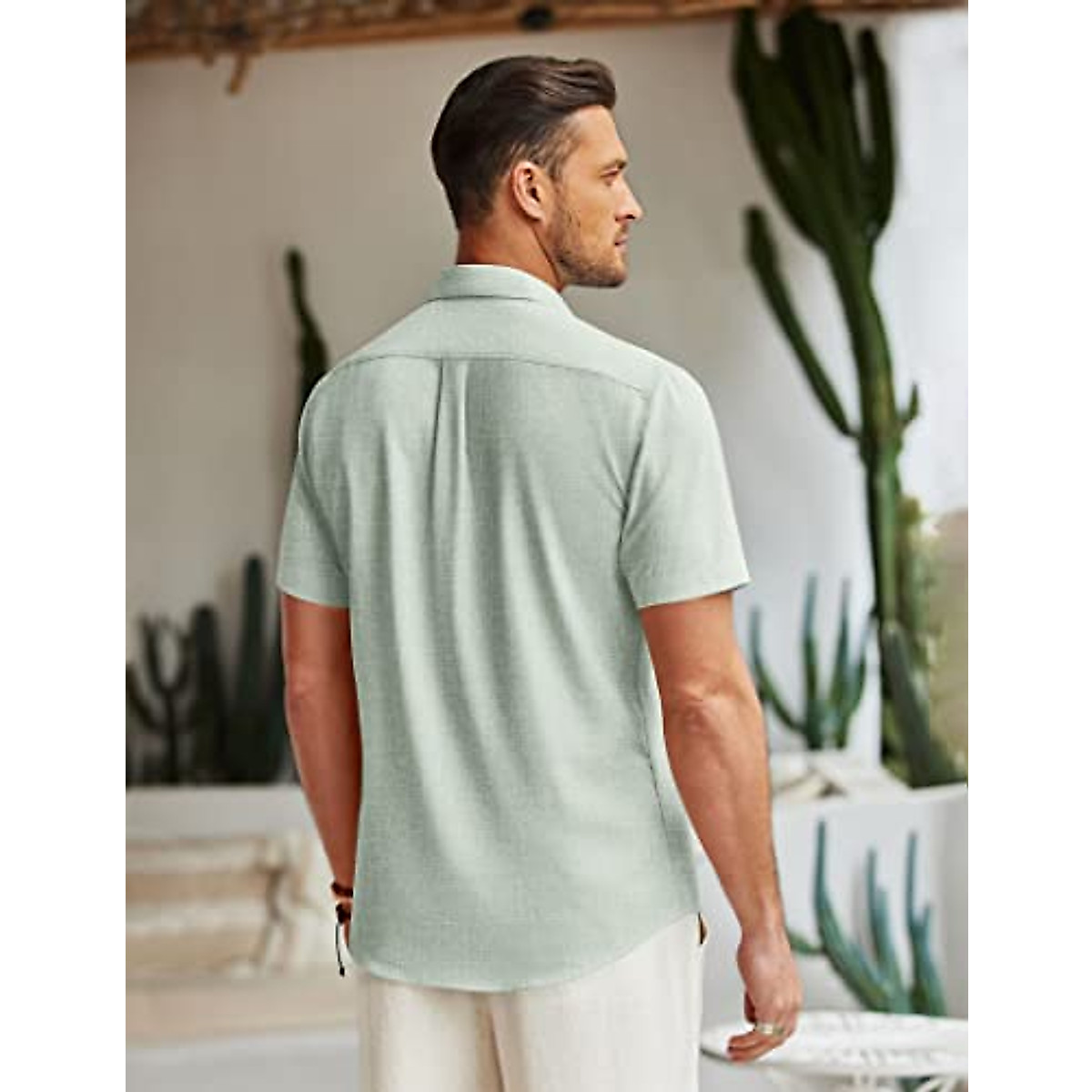 COOFANDY Men's Linen Shirts Casual Beach Button Down Short Sleeve Shirt Summer Light Green