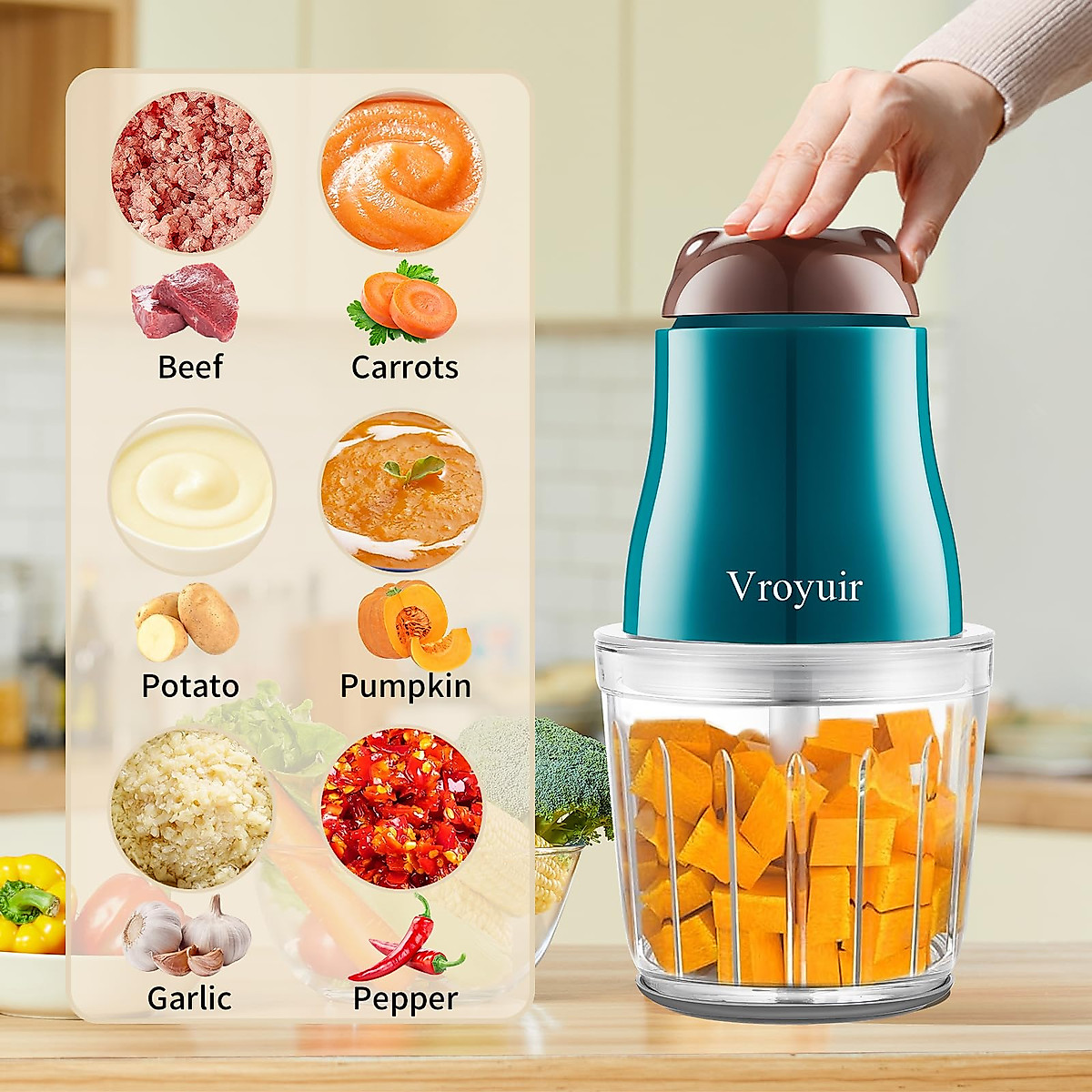 Vroyuir Baby Food Maker, 600ML Baby Food Blender with 10 Blades, Baby Food Processor for Baby Food, Fruit, Vegatable, Meat, with Two 200ml Glass Bowls, Storage Bag, Cleaning Brush, Scraper