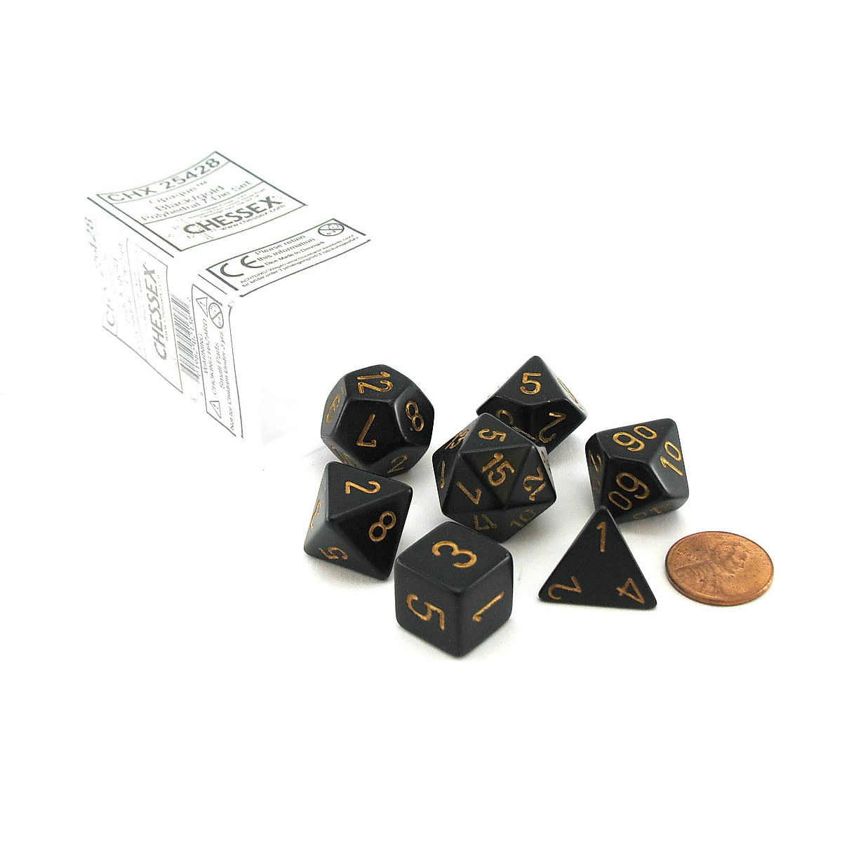 Polyhedral 7-Die Opaque Dice Set - Black with Gold